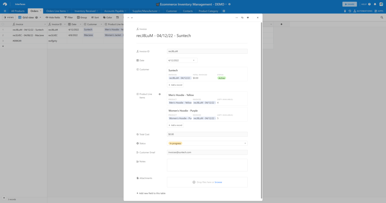 Ecommerce Store Airtable Template | On2Air Backups